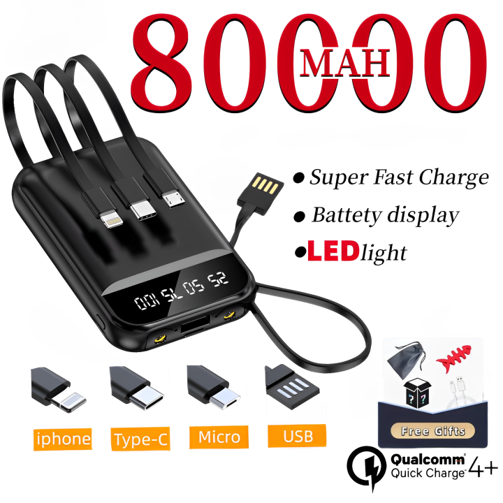 Mini power bank 80000mAh 2.1A Fast Charge Slim with 4 Built-in Cable ...