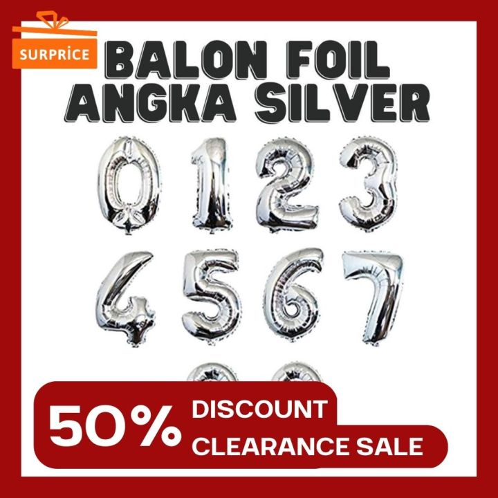 Surprice Balon Angka 40cm Silver 0-9 / Balon Foil Nomor Angka Polos 15 ...