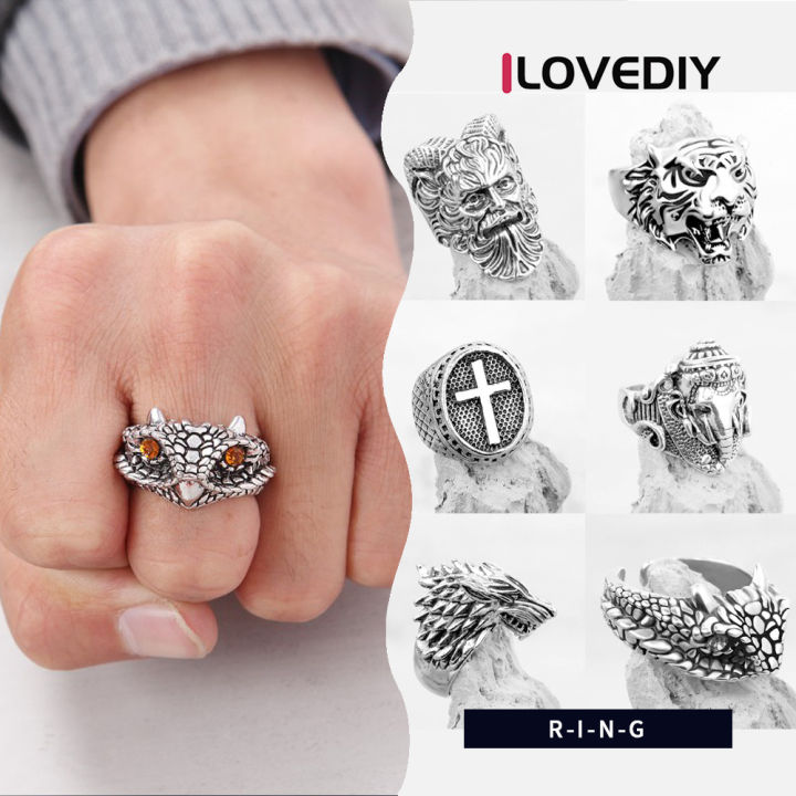 [ILOVEDIY] Vintage Gothic Wolf Head Ring Men Bull Head Skull Spider ...