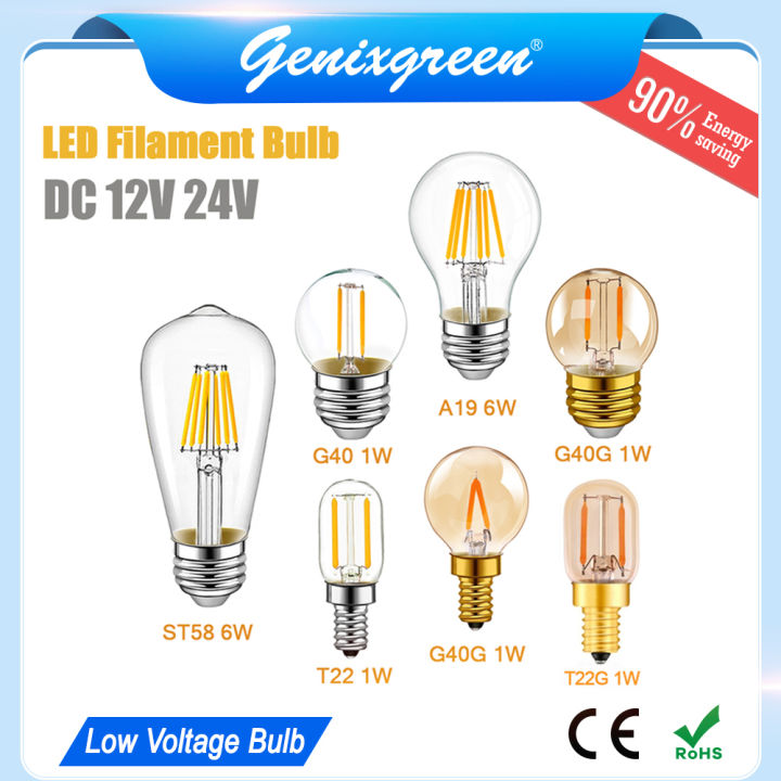 E27 DC 12V 24V LED Light Bulb A19 G40 T22 ST58 Low Voltage Filament Bulb E12 E14 1W 6W Warm ...