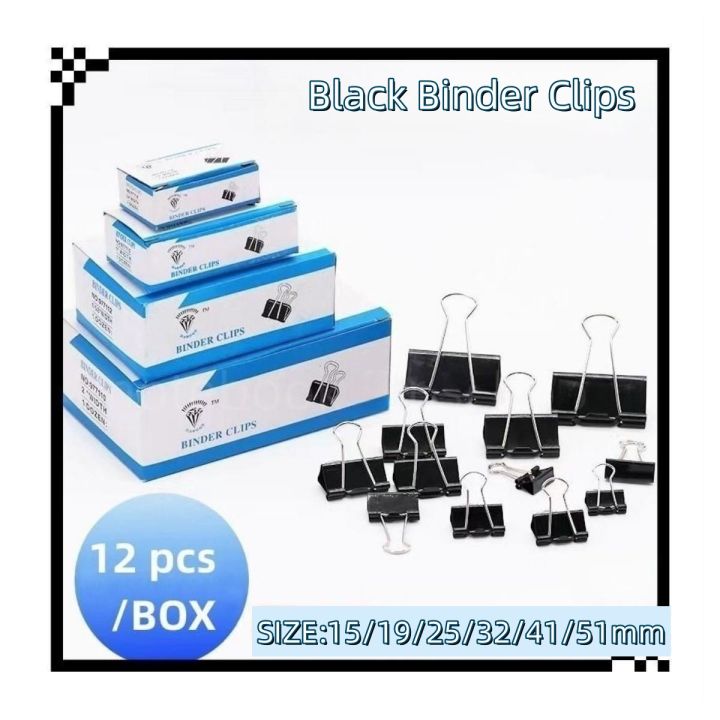 12pcs Black Binder Clips Paper Multipurpose 15mm 19mm 25mm 32mm 41mm ...
