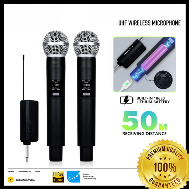 Wireless Microphone System UHF Dual Rechargeable Handheld Dynamic Mic ...