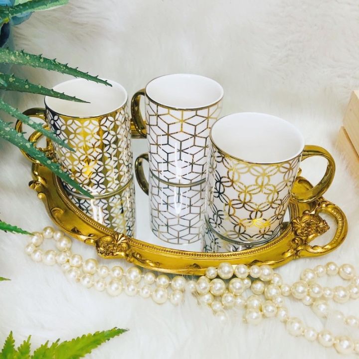 [Crafty Chic] White & Gold Plated Porcelain Mug Floral Nordic Geometric ...