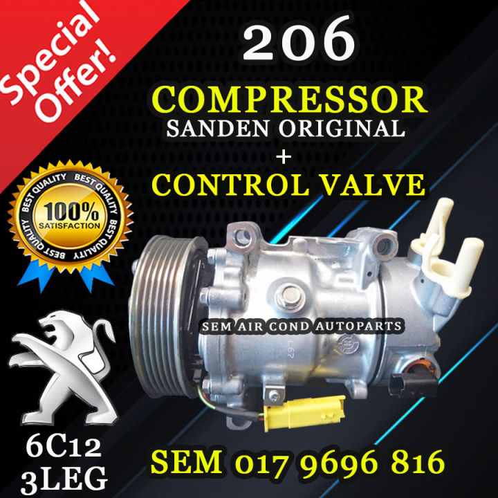 PEUGEOT 206 ORIGINAL SANDEN SD COMPRESSOR/ KOMPRESOR 6C12 3 LEG MAGNET CLUTCH + CONTROL VALVE ...