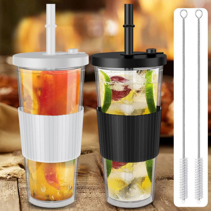 2Pcs Boba Cup Plastic Bubble Tea Cup Leak-Proof Smoothie Tumbler with ...