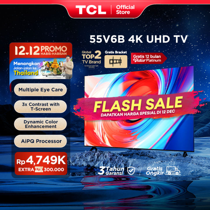 [4K Google TV] TCL 55 Inch V6B - Smart UHD - T-Screen - Dolby Audio - HDR10 - AiPQ Processor ...