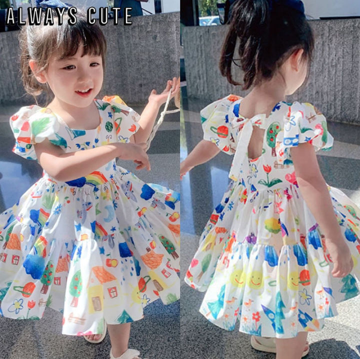 Mga bata na cute na graffiti dress girls summer backless dress pambata ...