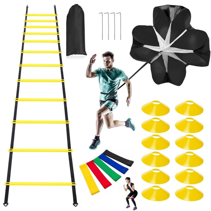 Speed Agility Ladder Training Set - 12 Rung 6M Agility Ladder, 12 Disc Cones, 5 Resistance Bands ...