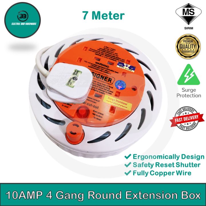 Designer 10Amp 4 Gang Round Extension Box with Safety Reset Shutter (7M ...