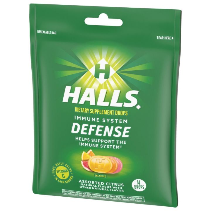 HALLS DEFENSE IMMUNE SUPPORT DROPS – ASSORTED CITRUS – 14 LOZENGES – VITAMIN C COUGH & THROAT ...