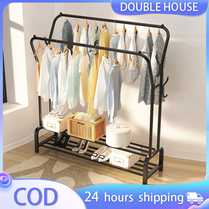 Floor-Standing Bedroom Clothes Rack Clothes Hanger Heavy Duty Double ...