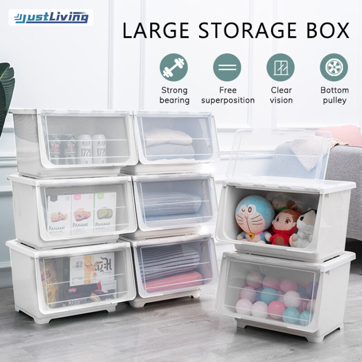 JustLiving Durable Large Storage Box with Wheel Stackable Plastic Front ...