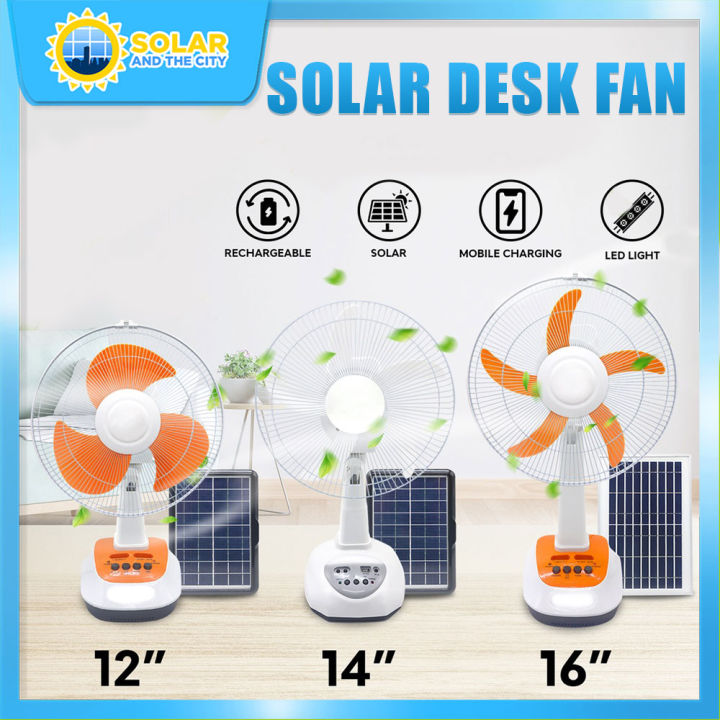 S&C 12"/14"/16" Blade Solar Desk Fan Rechargeable Fan with LED light ...