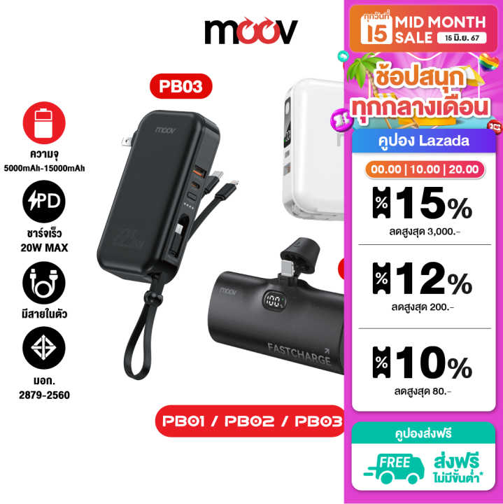 [ส่งฟรี] Moov PB01 PB02 PB03 แบตสำรอง 15000mAh 10000mAh ชาร์จเร็ว PD ...