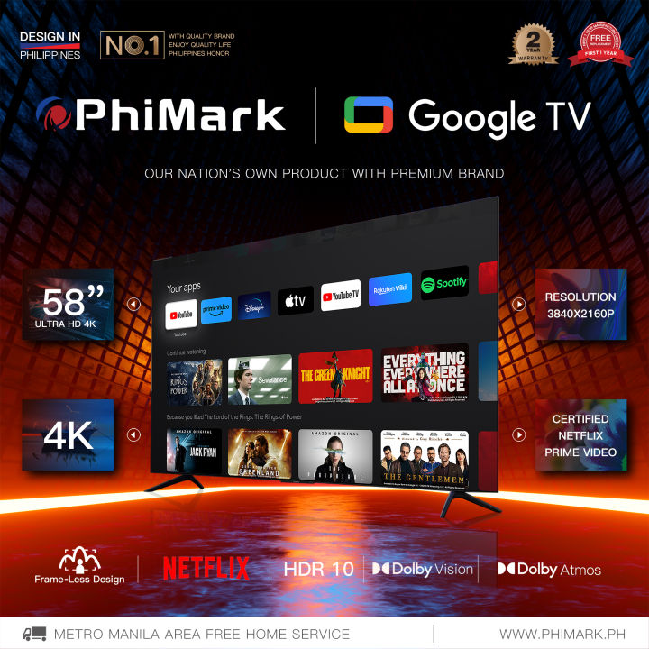 PhiMark 58" 4K Smart Google TV,Frameless,HEY Google,Google Assistant,Netflix,Prime video,HDR 10 ...