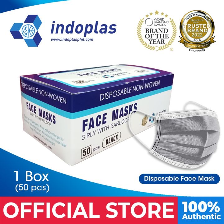 Indoplas Disposable Face Mask 3-Ply Earloop- Black - 1 box (50 pcs ...