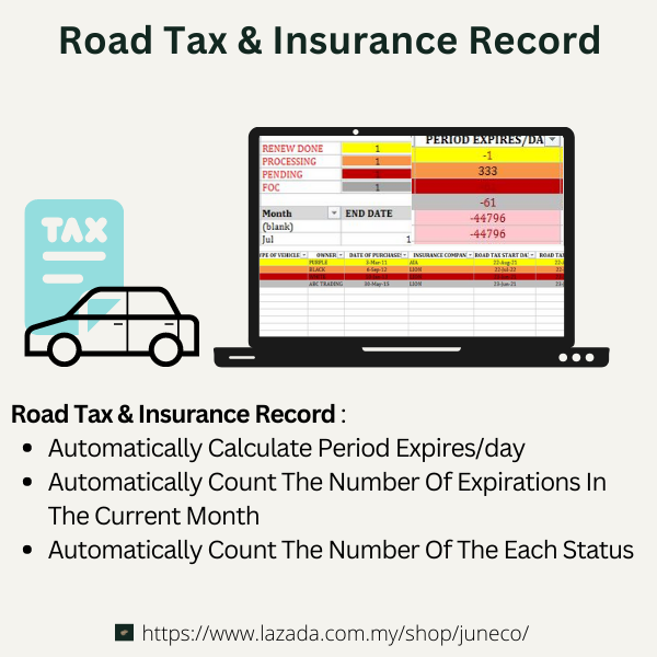 ROAD TAX & INSURANCE RECORD CUKAI JALAN & REKOD INSURANS EXCEL TEMPLATE ...