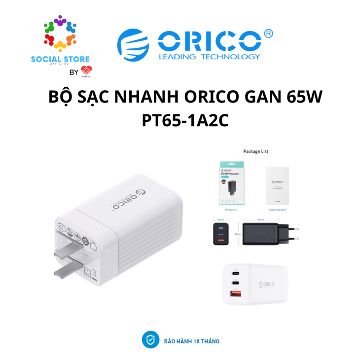 Củ sạc nhanh ORICO GAN 65W PT65-1A2C 2 Cổng USB-C 1 Cổng USB-A| Hàng Chính Hãng| Bộ Sạc Nhanh ...
