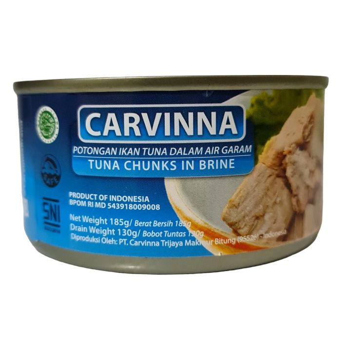 Ikan tuna kaleng dalam air garam minyak halal Chunk in Brine Carvinna ...