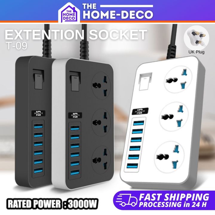TB-T09 3 Socket 6 USB Power Socket Extension 3000W 2-Meter Universal ...