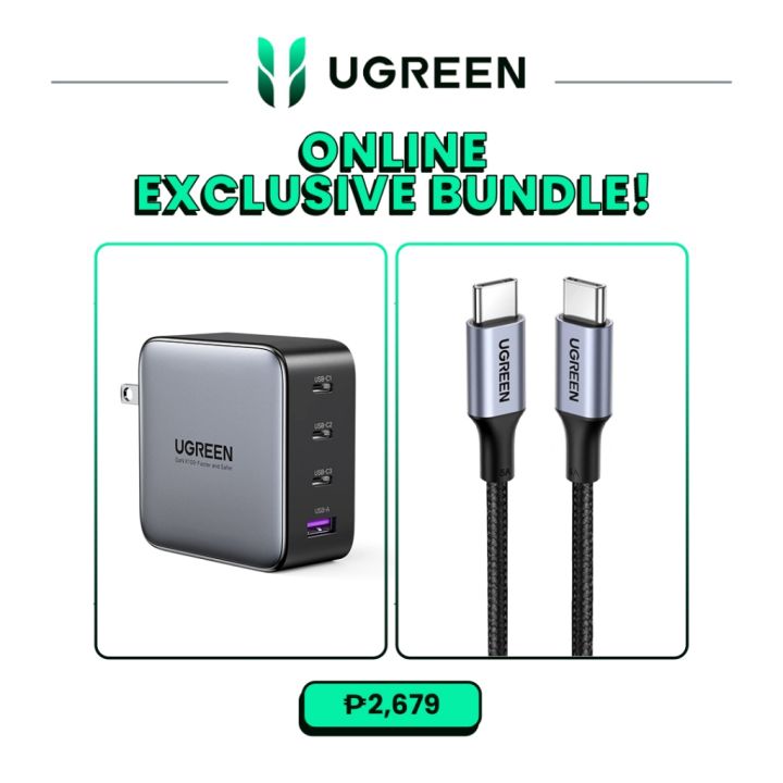 UGREEN Bundle Nexode 100W GaN Charger 4-Port + USB-C to USB-C 1M Data Cable Nylon Braided - PH ...