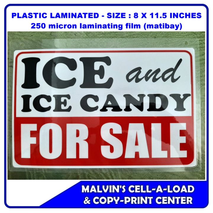 LAMINATED SIGNAGE - ICE AND ICE CANDY FOR SALE - Size 8x11.5 inches ...