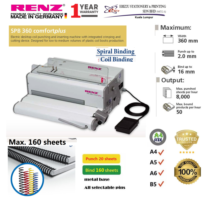 RENZ Heavy Duty Electric coil punching BINDER MACHINE SPB 360 Comfortplus - 160 sheets (MADE IN ...