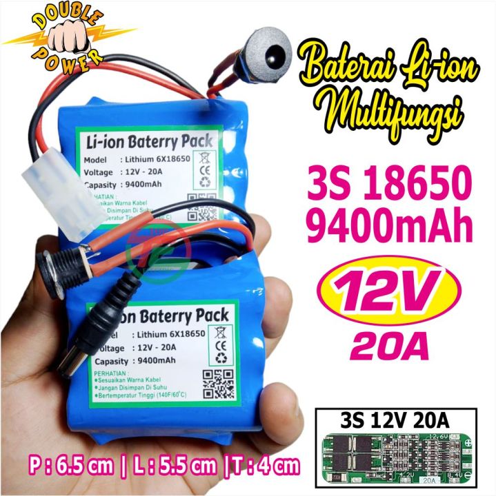 BATERAI Lithium Li-ion MultiFungsi 6X 18650 12V 20A 9400mAh Soket RC 2 ...
