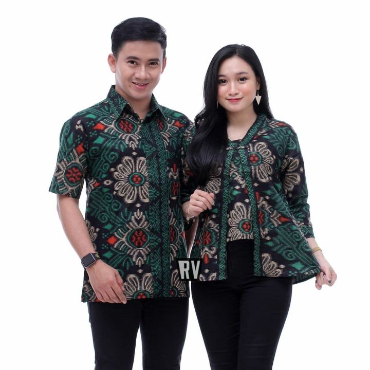 Seragam Batik Kantor - Set Couple Baju Batik motif tenun hijau - Couple ...