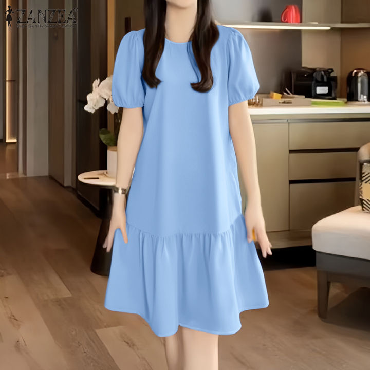 ZANZEA Korean Style Women Elegant Solid Short Sleeve Dresses Crew Neck ...