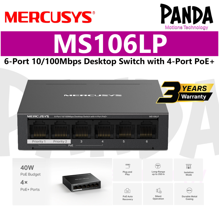 Mercusys 6-Port 10/100Mbps Desktop Switch with 4-Port PoE+ (MS106LP ...