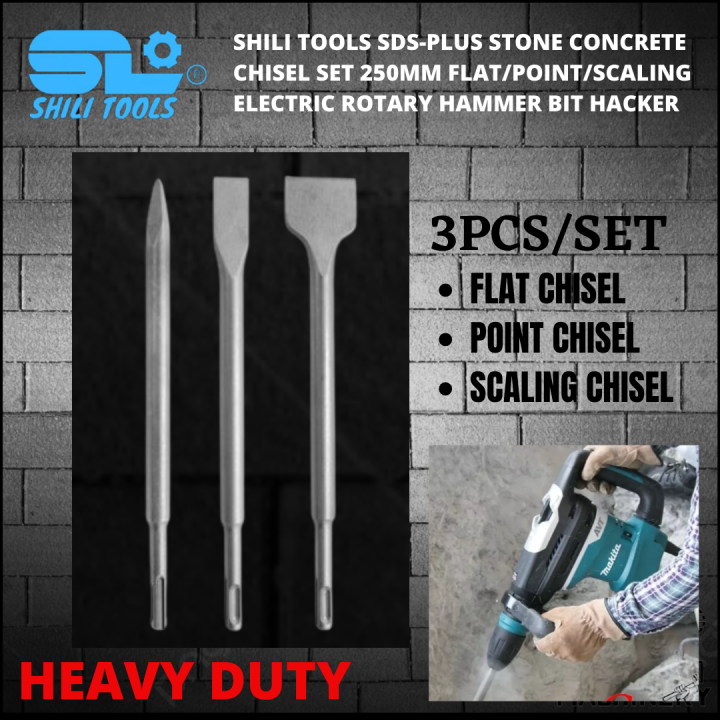 SHILI TOOLS SDS-Plus Stone Concrete Chisel Set 250mm Flat/Point/Scaling Electric Rotary Hammer ...