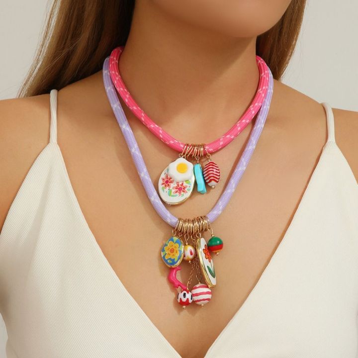 RANZH ชุดสร้อยคอ สร้อยคอจี้ดอกไม้เรซิน โซ่คิวบา สไตล์ชาติพันธุ์ สร้อยคอโดปามีน รูปทรงเรขาคณิต ...