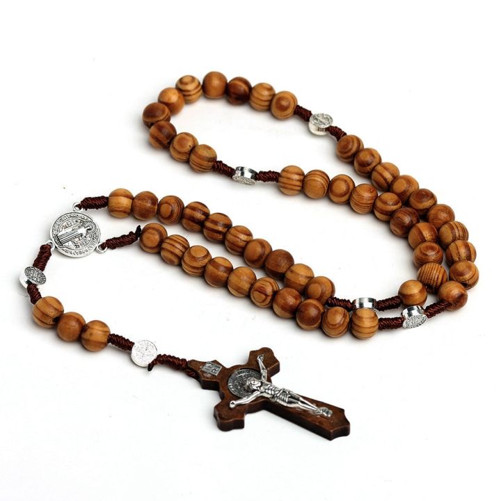 10MM Wood Beads Rosary Cross Necklace For Women Men Christian Virgin ...