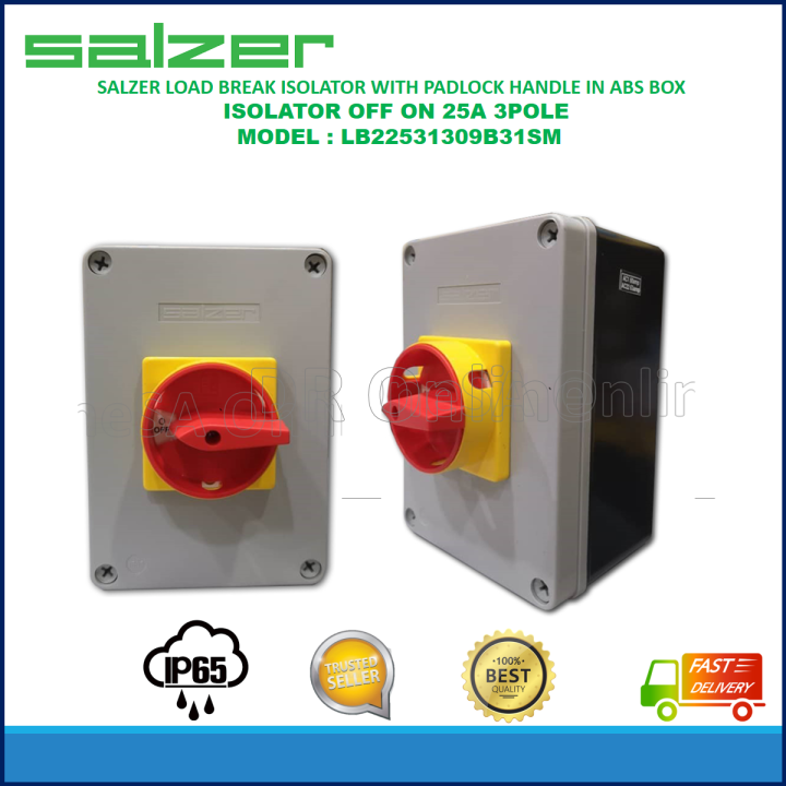 SALZER LOAD BREAK ISOLATOR WITH PADLOCK HANDLE IN ABS BOX 3POLE 25A C/W ...