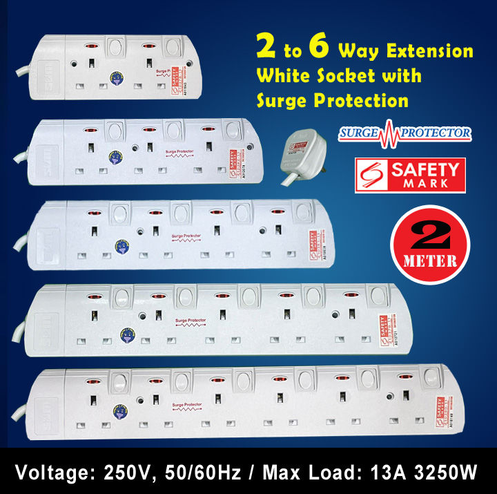2 to 6 Way Extension Socket with Surge Protector and Safety Mark (2 ...