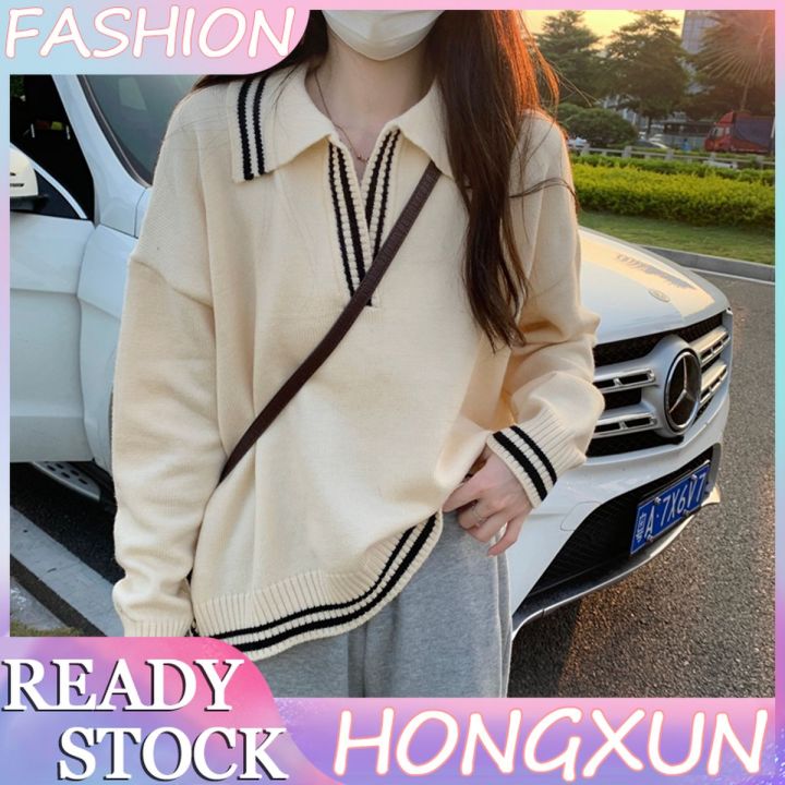 HONGXUN สไตล์มหาลัยแฟชั่นสไตล์ฮ่องกงคอโปโลสีตัดกันเสื้อกันหนาวแบบถัก ...