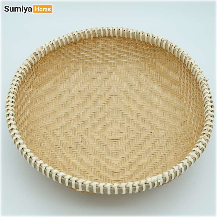 Rổ tre viền mây đan kín cao cấp hình tròn, nguyên liệu tự nhiên thân ...