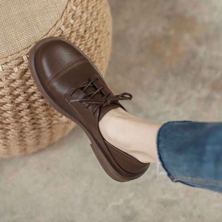 Women soft leather lace up oxford shoes casual thick-soled retro ...