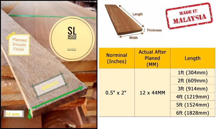 Chengal Solid Wood Timber Smooth Finish 12(T)mm × 44(W)mm = 2' to 10'(L ...