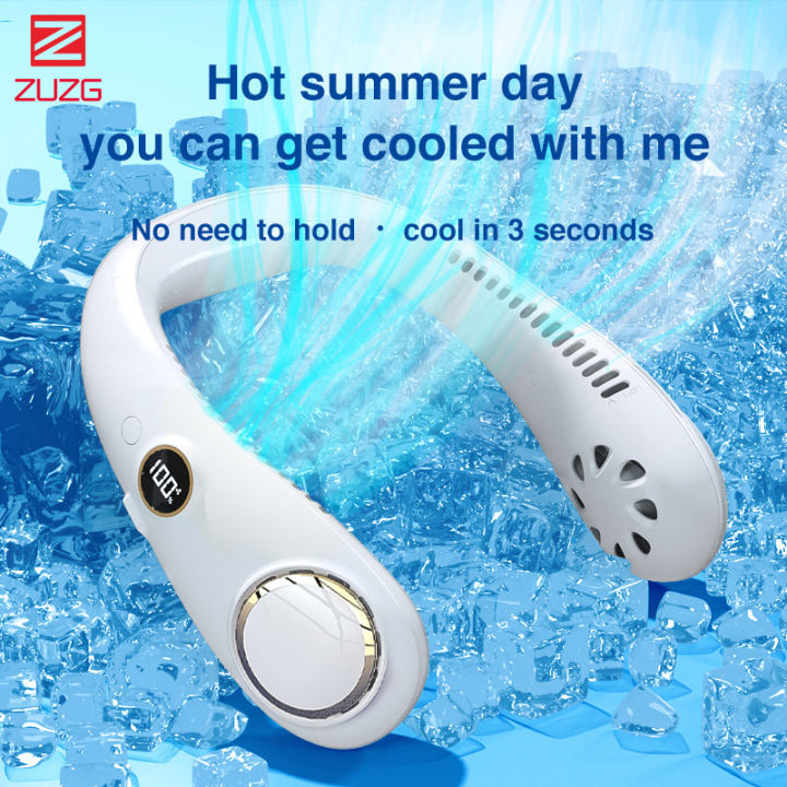 ZUZG LED Digital Display Portable Sports Leafless Neck Hanging Fan,USB ...