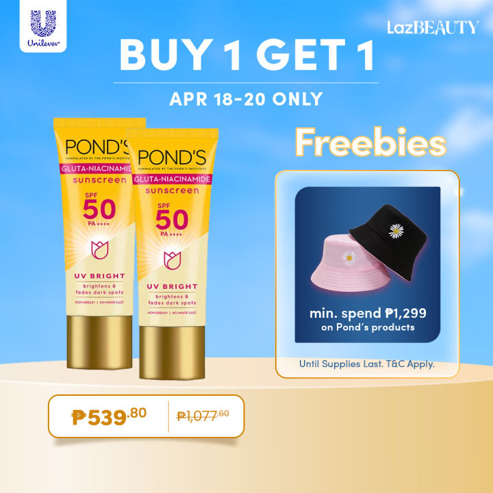 Pond's UV Sunscreen UV Bright with Gluta-Niacinamide for a Spot-less Glow 50mL x 2 | Lazada PH