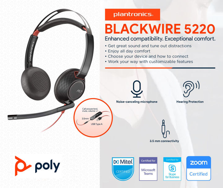 Plantronics Poly Blackwire 5220 USB-A Noise Cancelling Stereo Headset ...