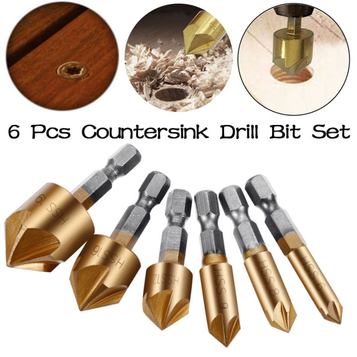 6 Pcs Countersink Drill Bit Set 1/4'' Hex Shank HSS 5 Flute Countersink ...