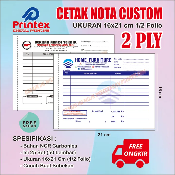 Promo Cetak Nota Custom 2ply Ukuran 1/2 Folio, Nota Bengkel, Nota Laundry, Nota Toko Bangunan ...