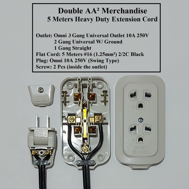 5 Meters Heavy Duty Extension Cord 3 Gang Universal Outlet With Ground ...