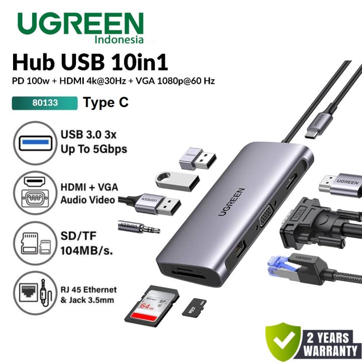 UGREEN 15601 HUB Type C 10 in 1 Converter to HDMI 4K VGA RJ45 Ethernet LAN 3.5mm Audio 3 Port ...