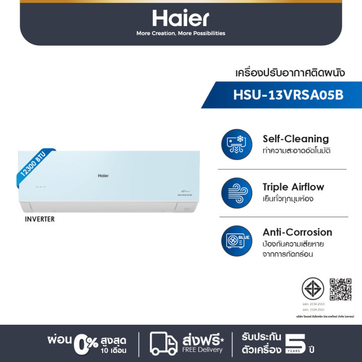 [ใหม่! 2025] Haier เครื่องปรับอากาศอินเวอร์เตอร์ UV Cool Series รุ่น HSU-13VRSA05B ขนาด 12300 ...