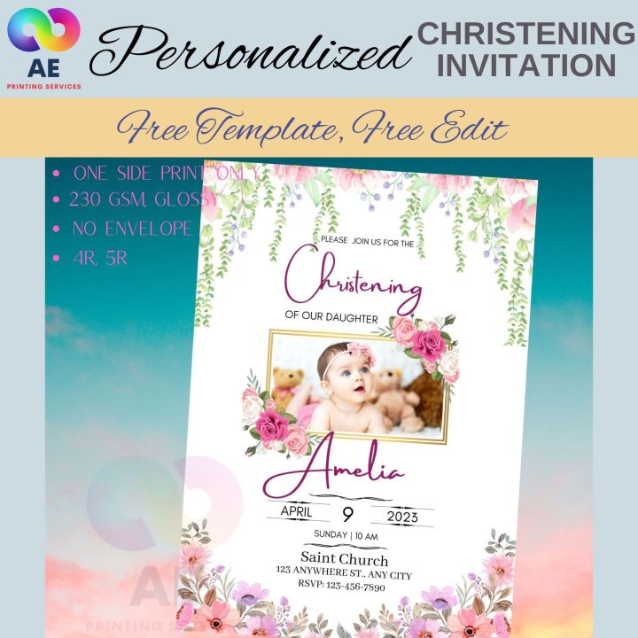 Pink Floral Personalized Christening Invitation Card (5R 4R) PREMIUM ...