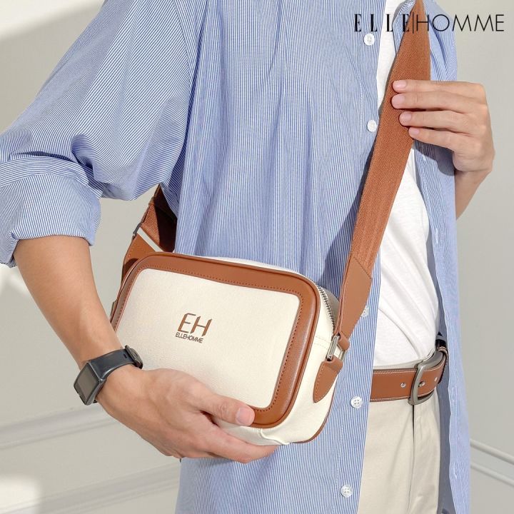 ELLE HOMME กระเป๋าสะพายผ้าแคนวาสแต่งด้วยหนัง PU สไตล์ Casual สีน้ำตาล ...